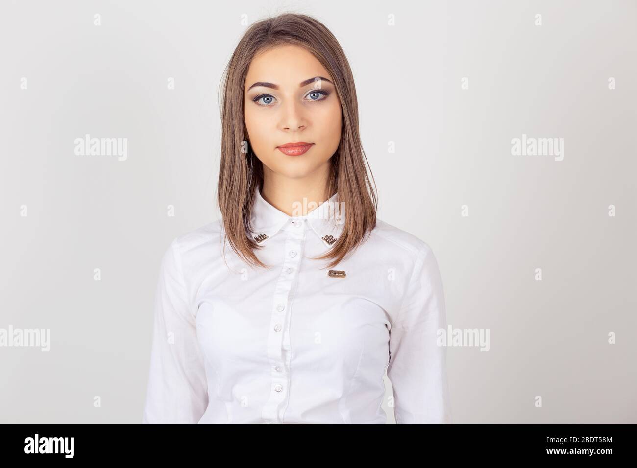Portrait Serious Young Business Woman Wearing White Shirt Looking To