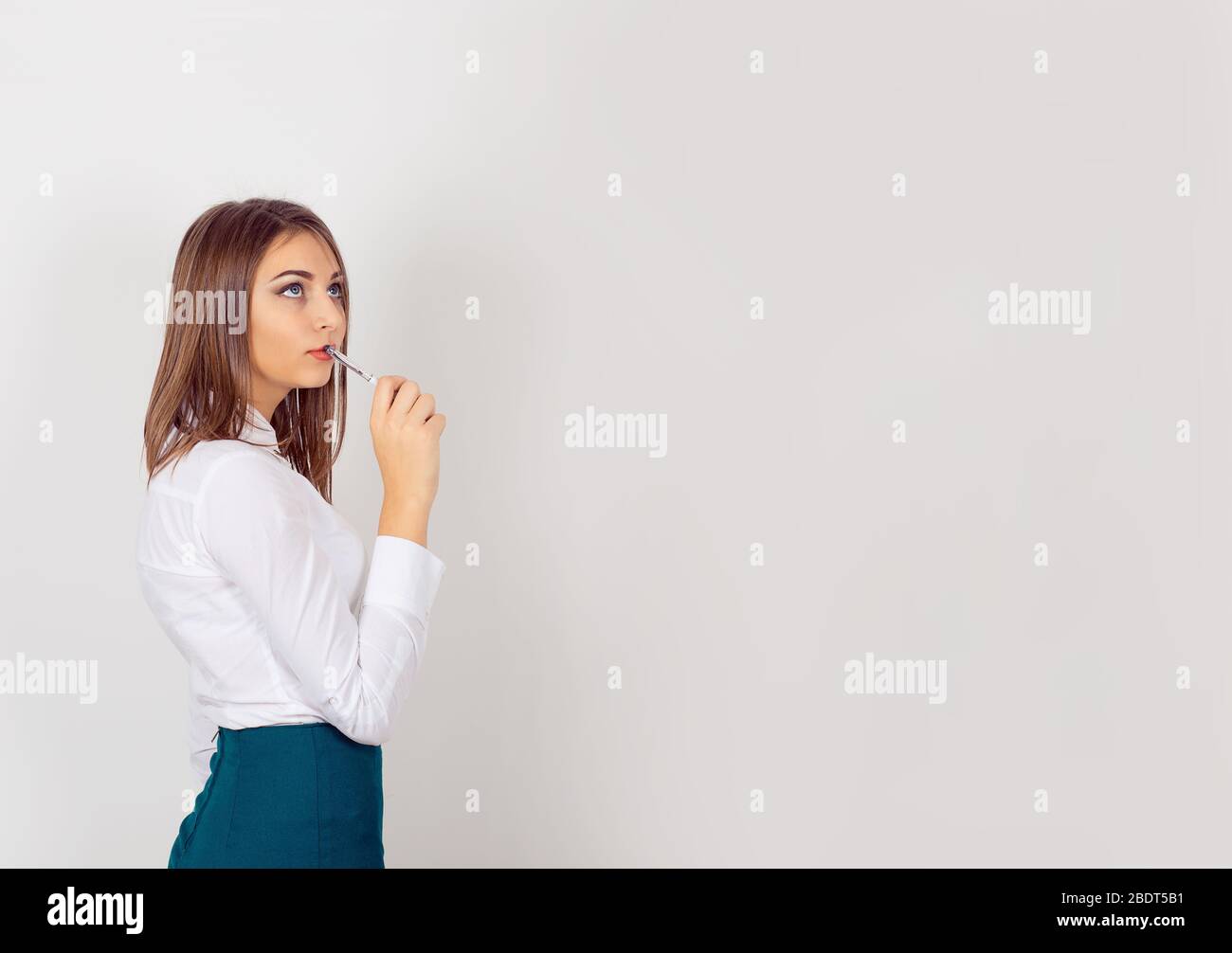 Portrait side profile happy beautiful woman thinking looking to the ...