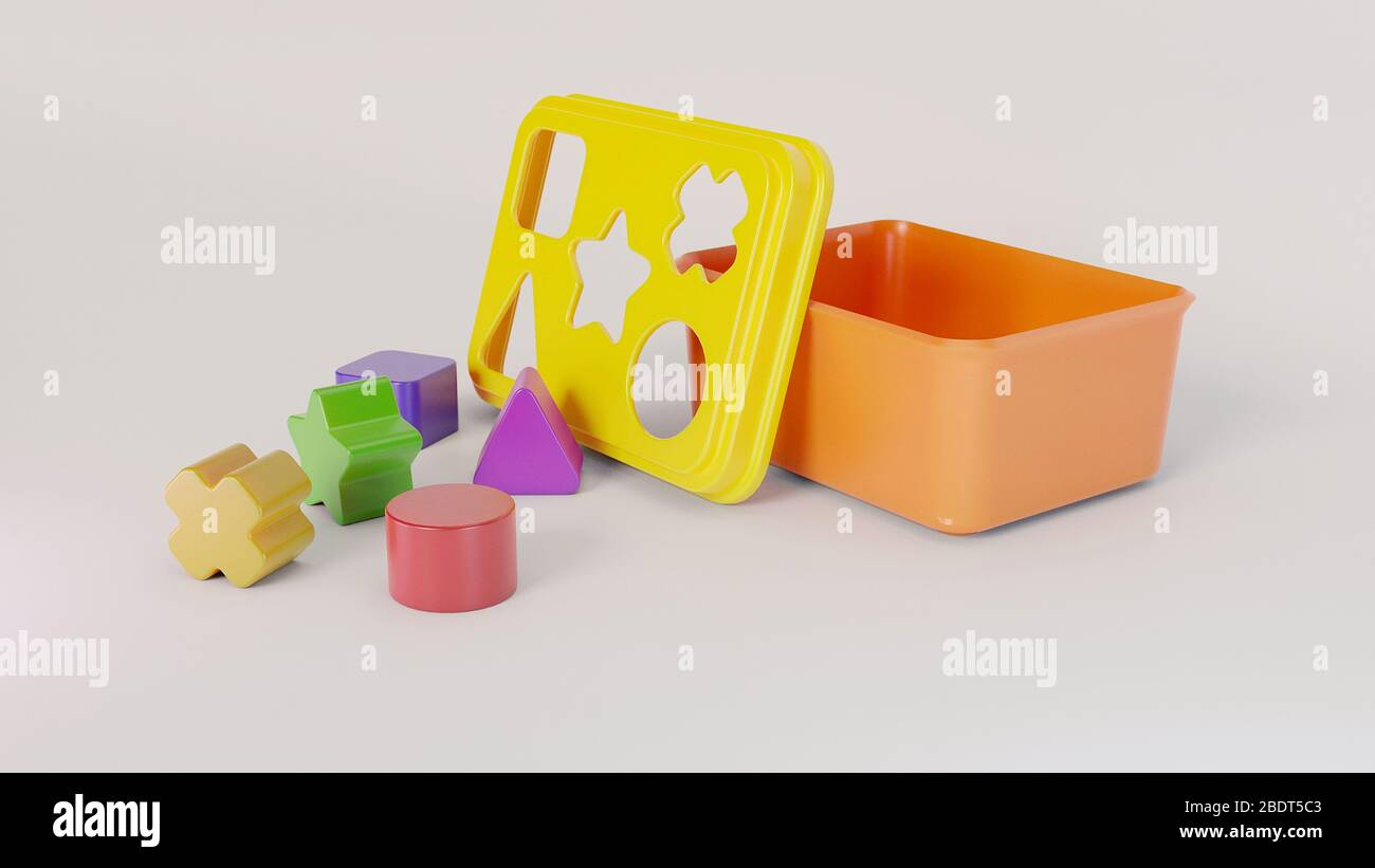 Colorful geometry toy box. Children game. 3D illustration Stock Photo ...