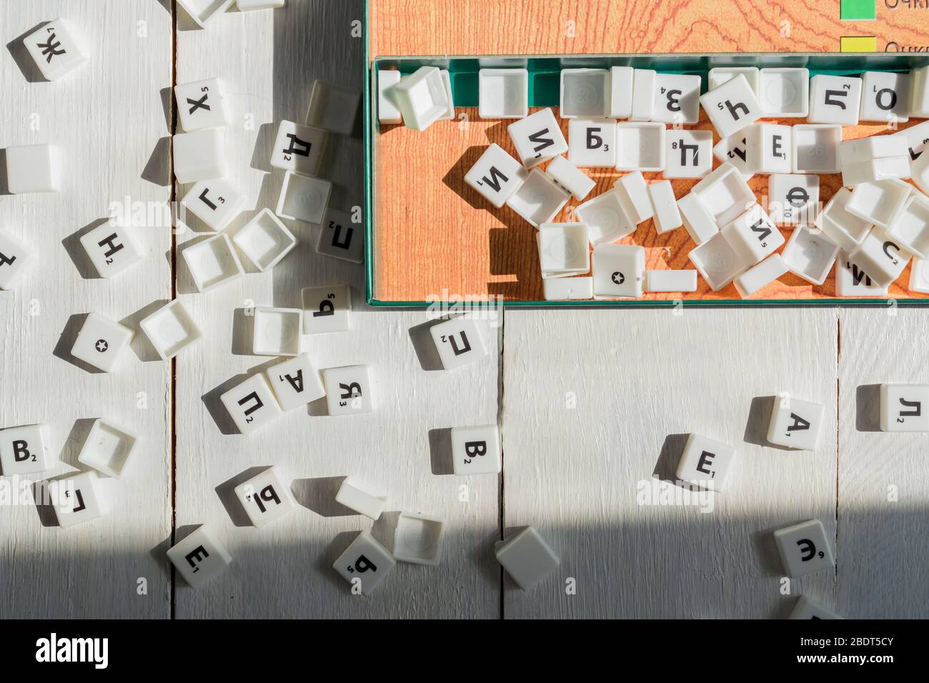 Moscow, Russia - April 09, 2020: Scrabble game in Russian. Letters ...