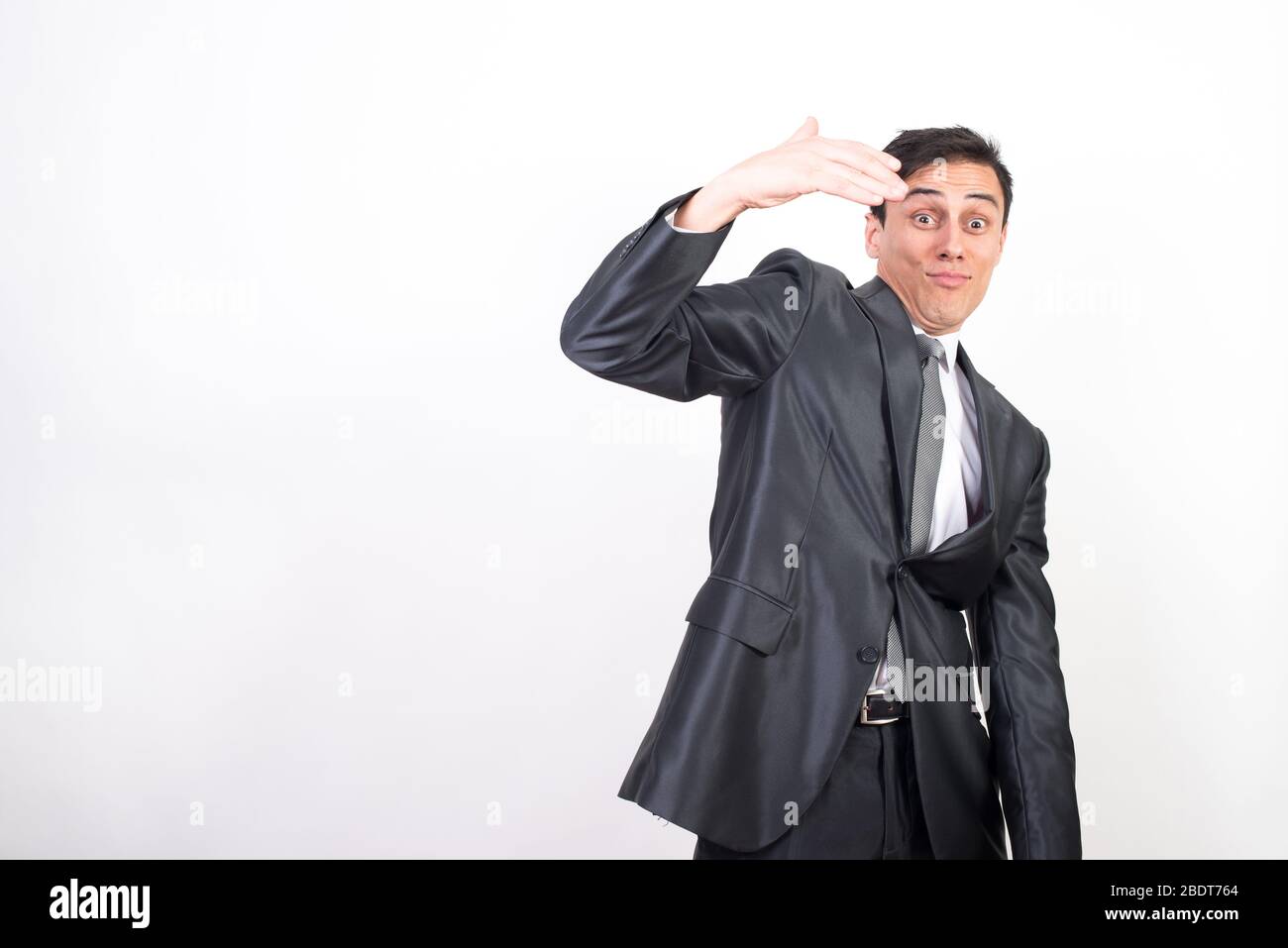 Man in suit encouraging others to follow him. White background, Medium ...