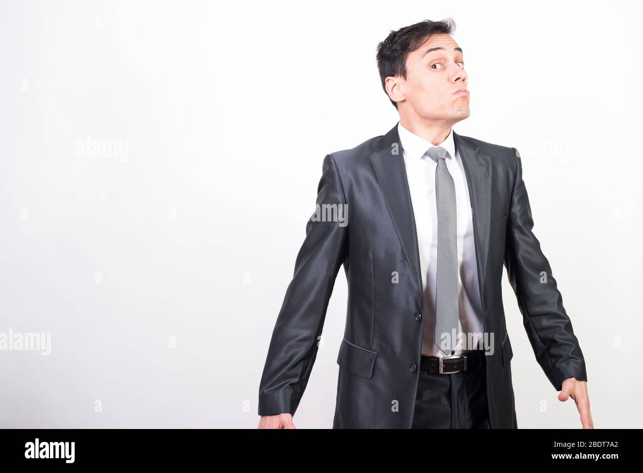 Man in suit scolding someone. White background, Medium shot Stock Photo ...