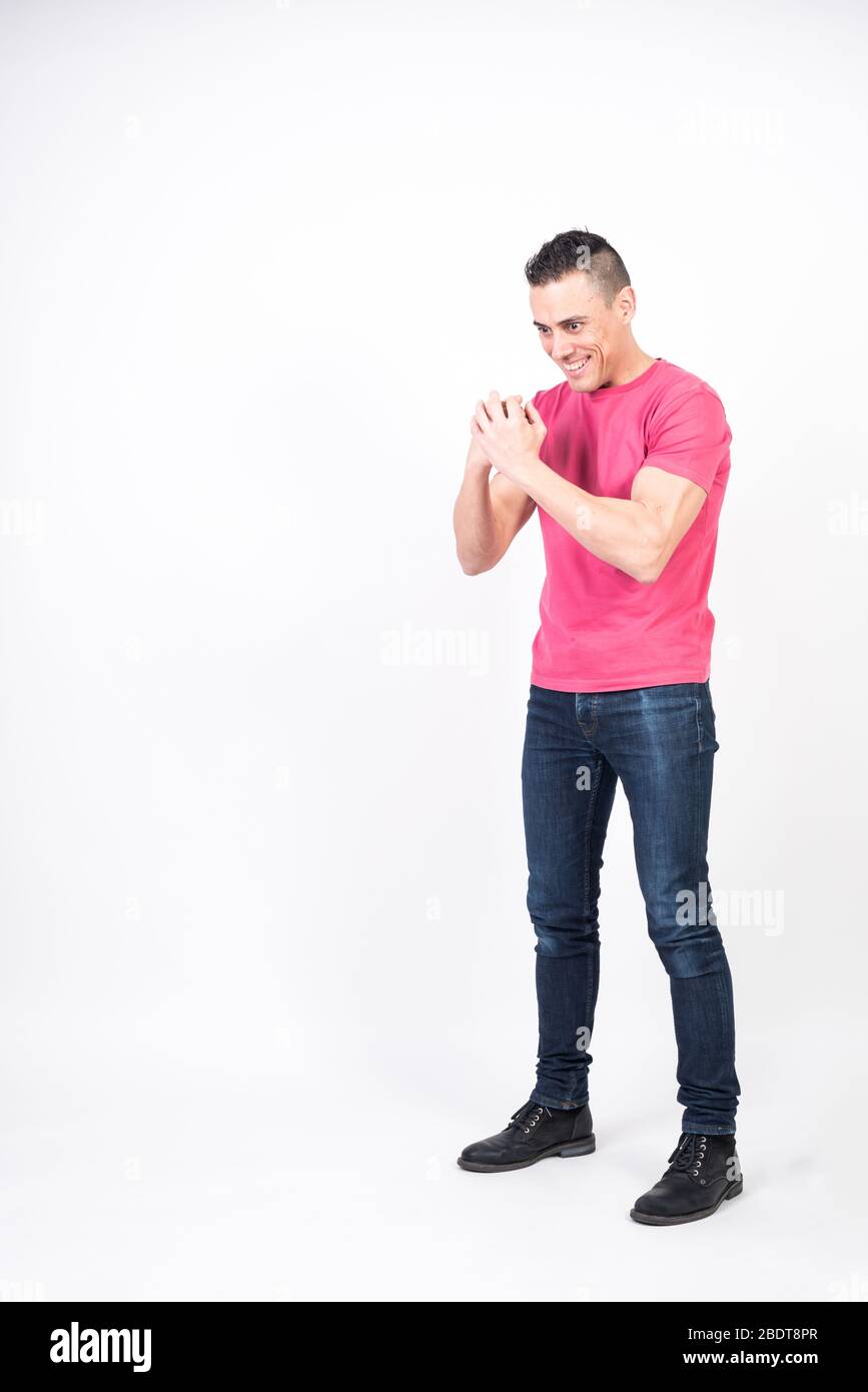 Evil man machining a devilish plan. Full body, white background Stock ...