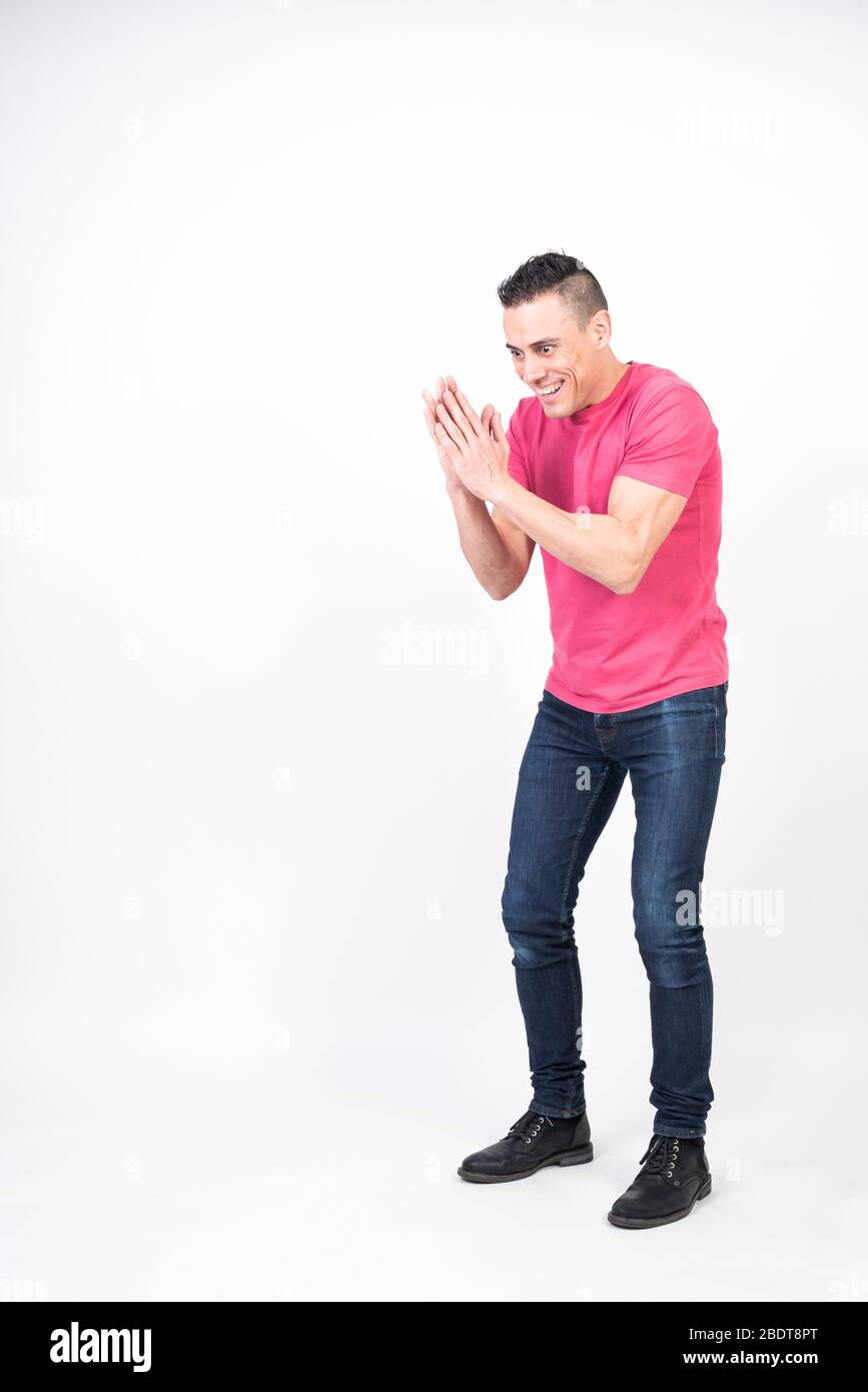 Evil man machining a devilish plan. Full body, white background Stock ...