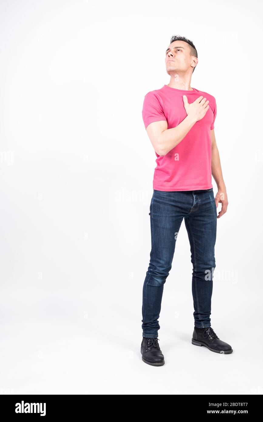 Honest man with hand in heart, white background, full body Stock Photo ...