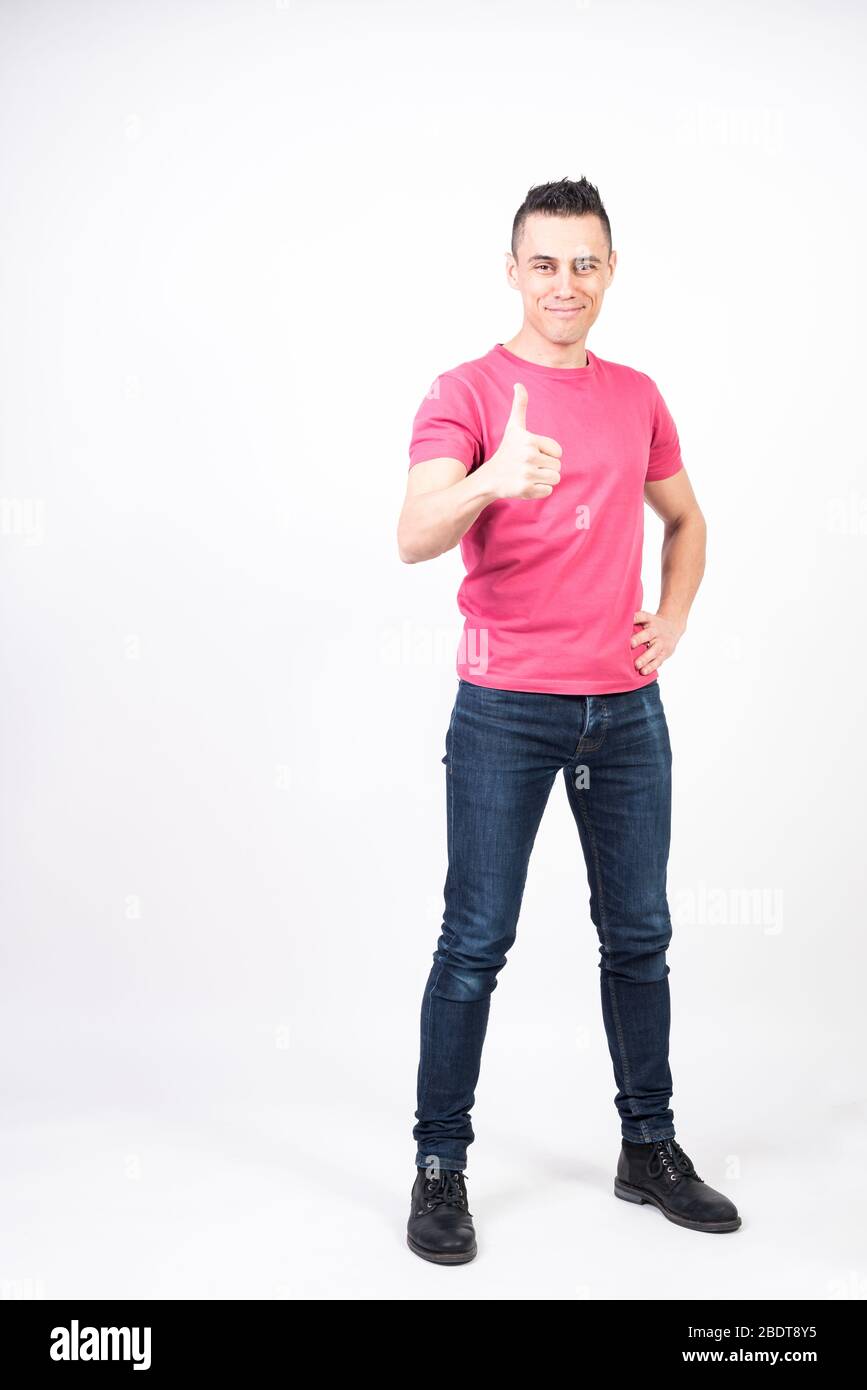 Satisfied man. White background, full body Stock Photo - Alamy