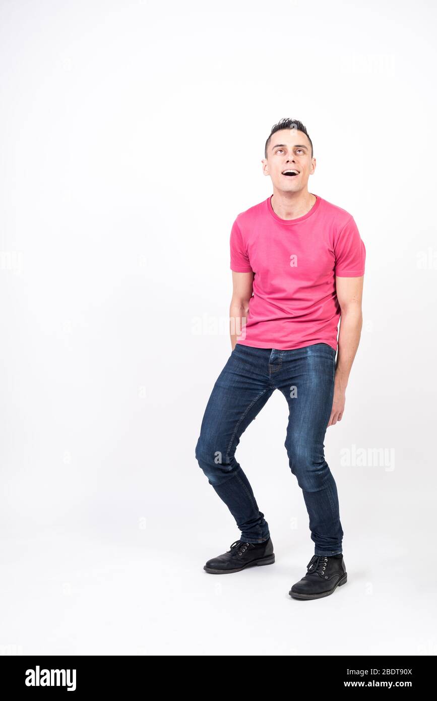 Man feeling pleasure. White background, full body Stock Photo - Alamy