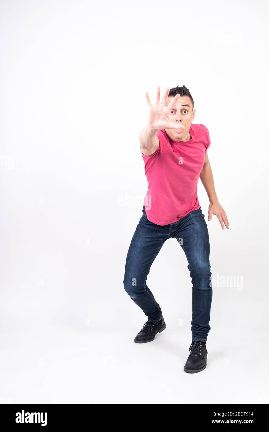 Man ordering stop. White background, full body Stock Photo - Alamy