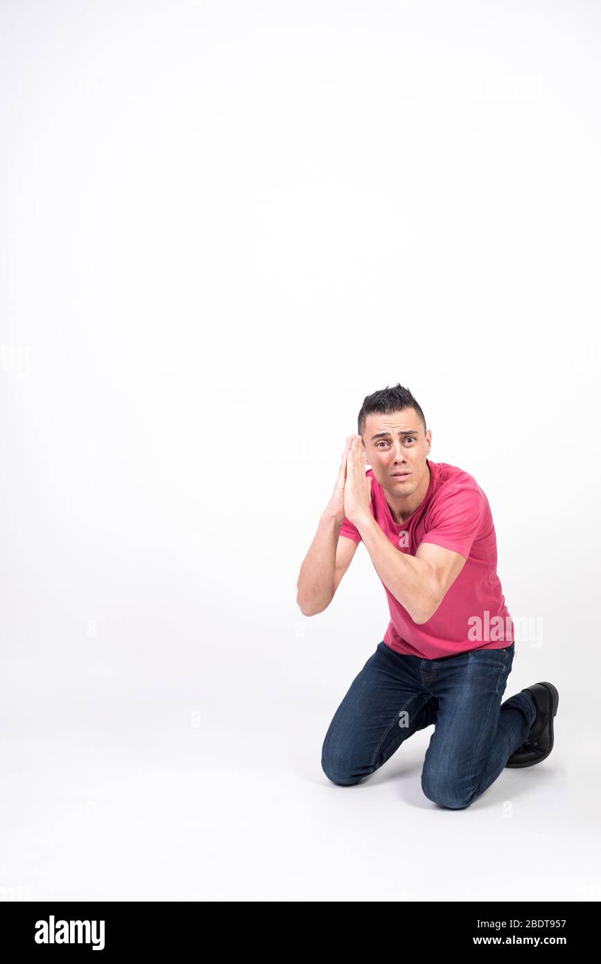 Man begging. White background, full body Stock Photo - Alamy