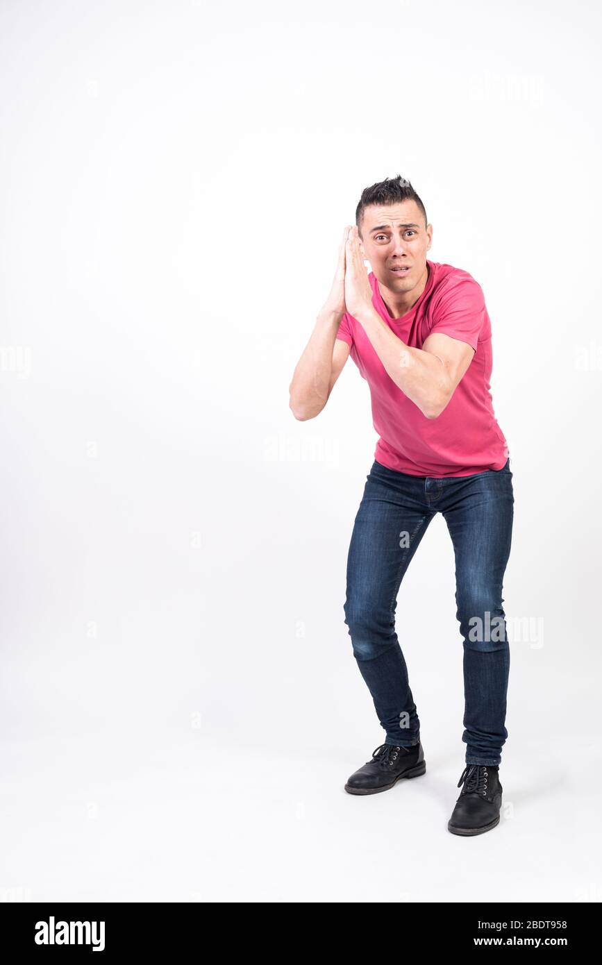 Man begging. White background, full body Stock Photo - Alamy