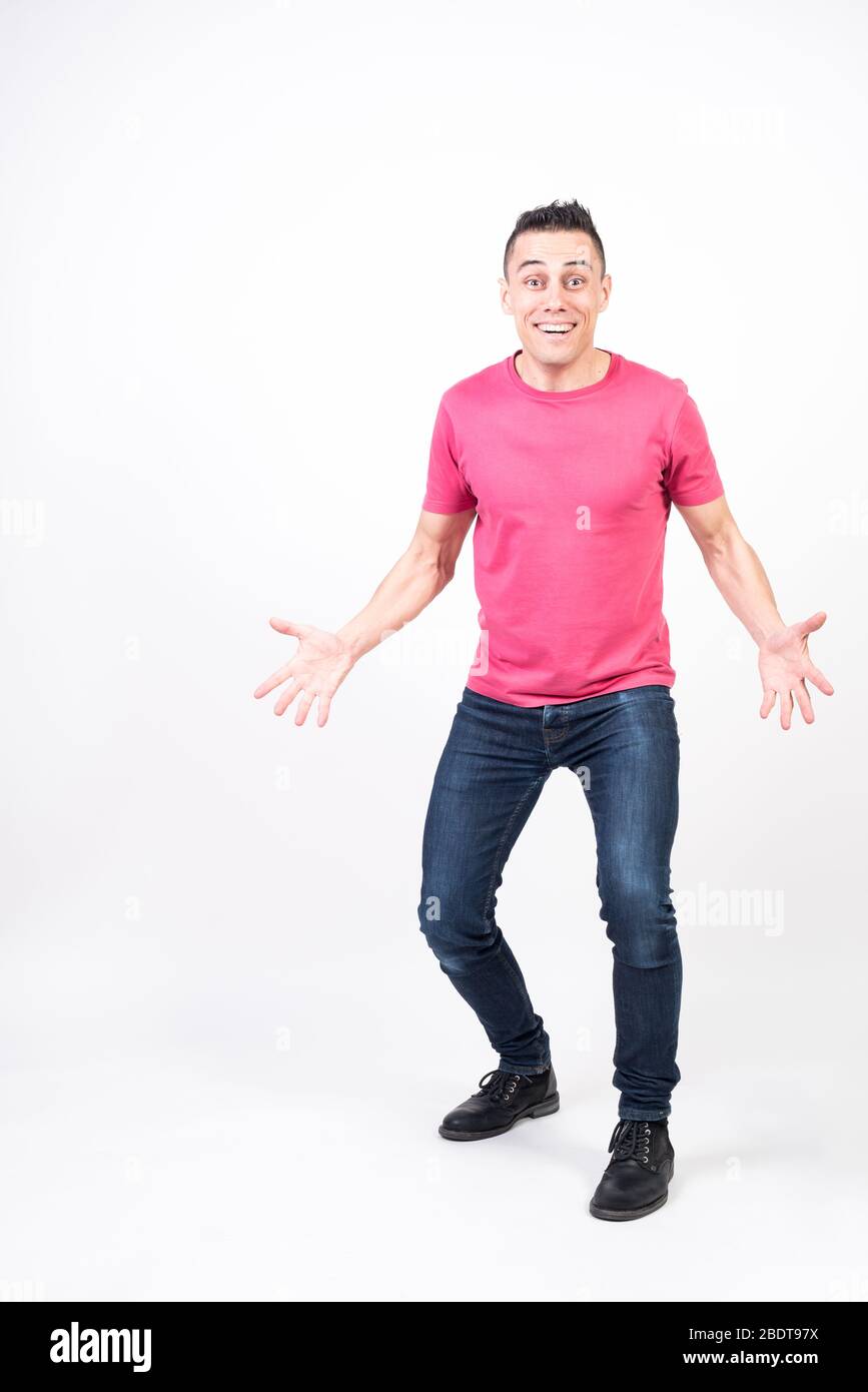Surprised man. White background, full body Stock Photo - Alamy