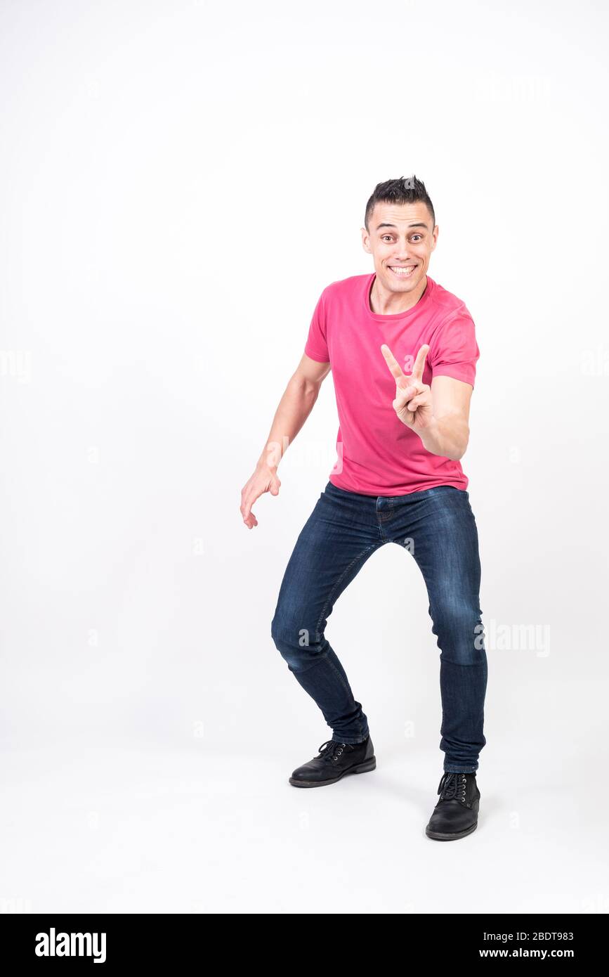 Smiling and happy man. White background, full body Stock Photo - Alamy