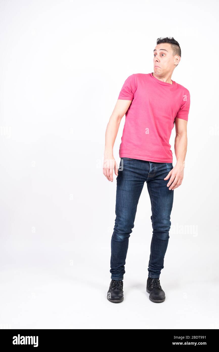 Surprised man. White background, full body Stock Photo - Alamy