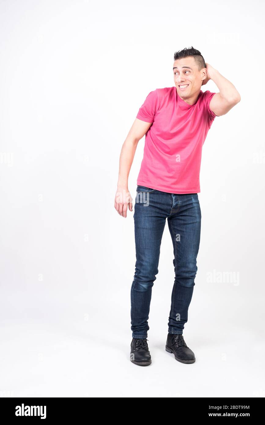 Shy man. White background, full body Stock Photo - Alamy