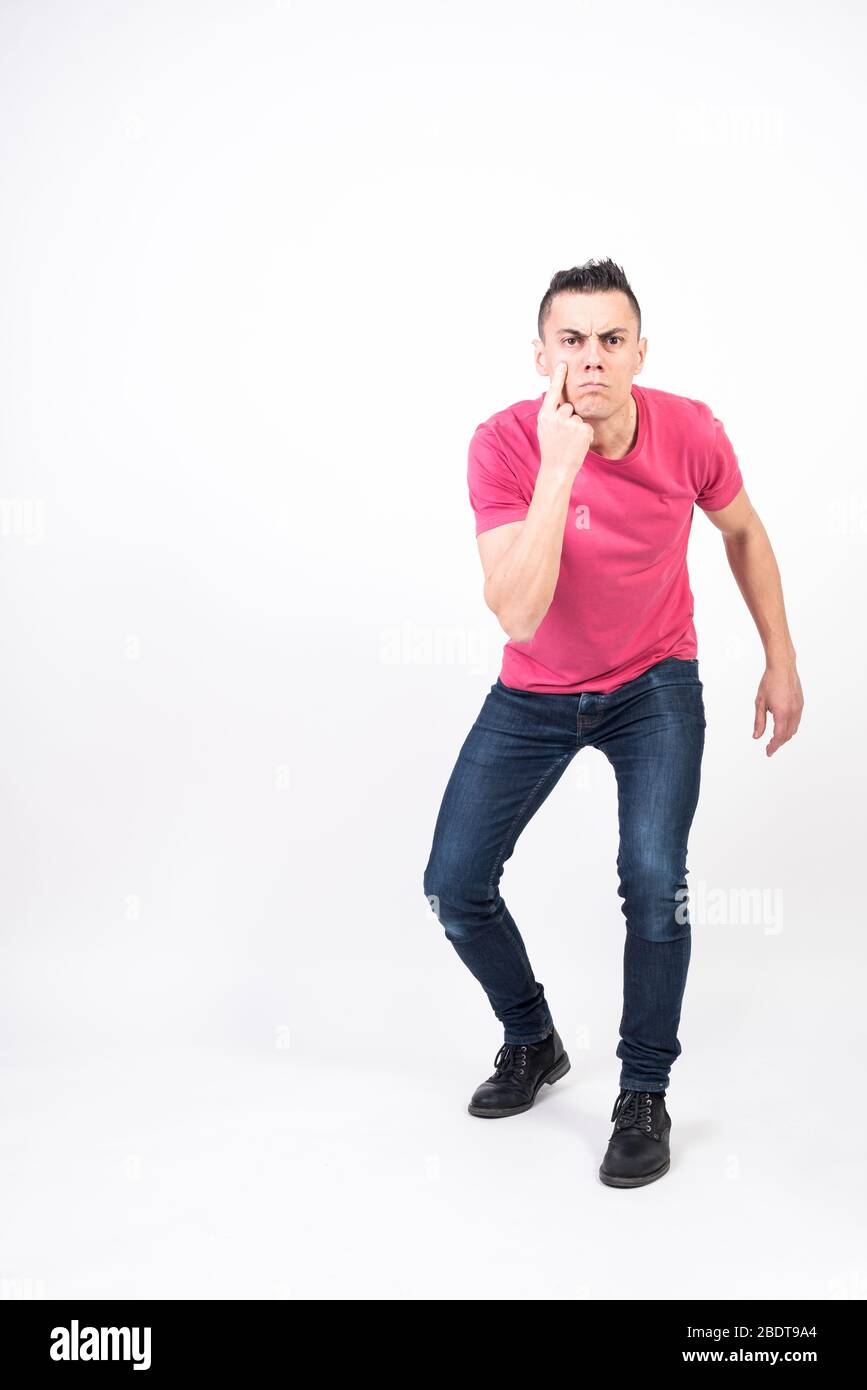 Vigilant man. White background, full body Stock Photo - Alamy