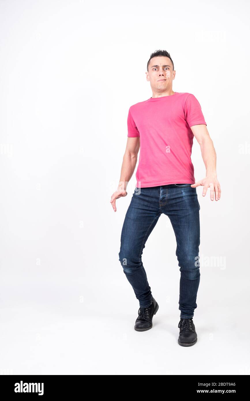 Surprised man. White background, full body Stock Photo - Alamy