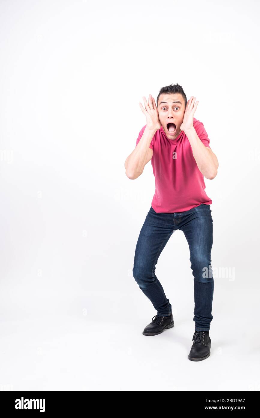Surprised man. White background, full body Stock Photo - Alamy