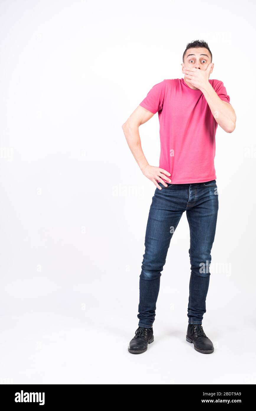 Surprised man. White background, full body Stock Photo - Alamy