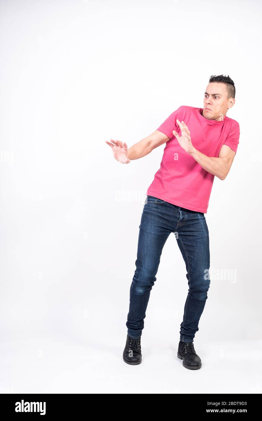 Scared man on white background, full body Stock Photo - Alamy