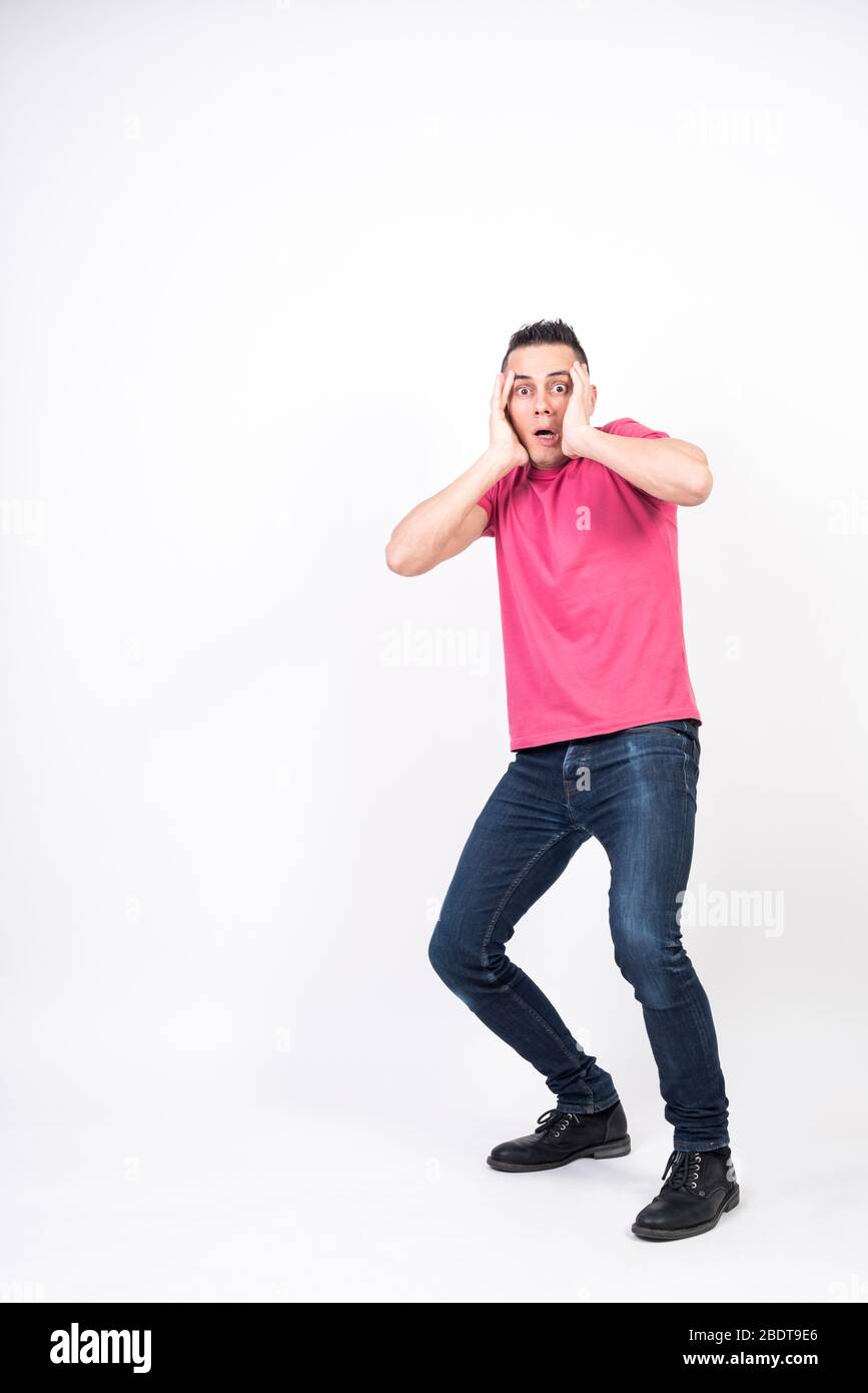Scared man on white background, full body Stock Photo - Alamy