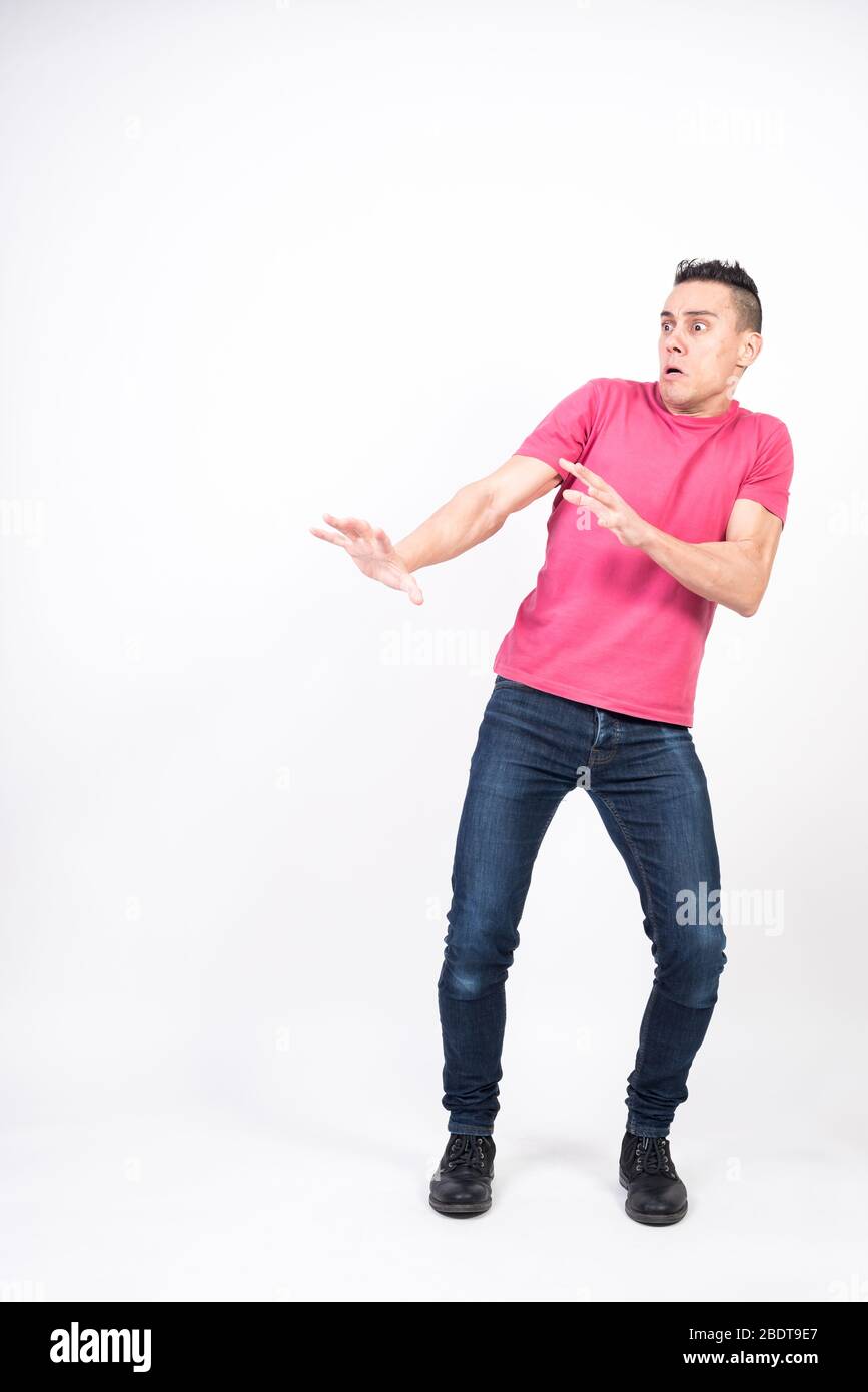 Scared man on white background, full body Stock Photo - Alamy