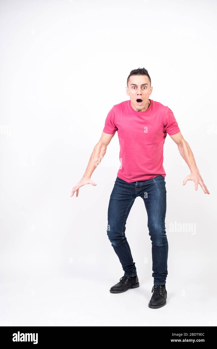 Scared man on white background, full body Stock Photo - Alamy