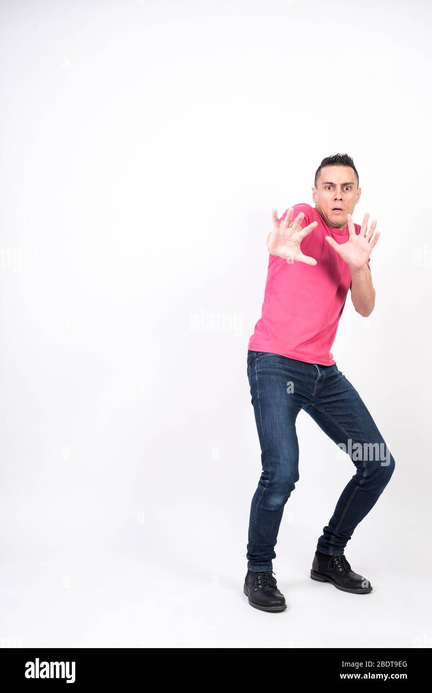 Scared man on white background, full body Stock Photo - Alamy