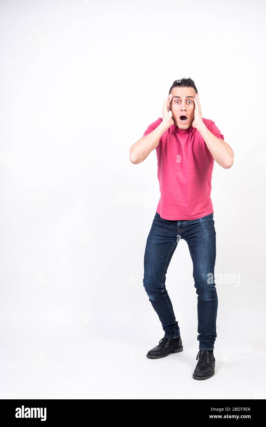Scared man on white background, full body Stock Photo - Alamy