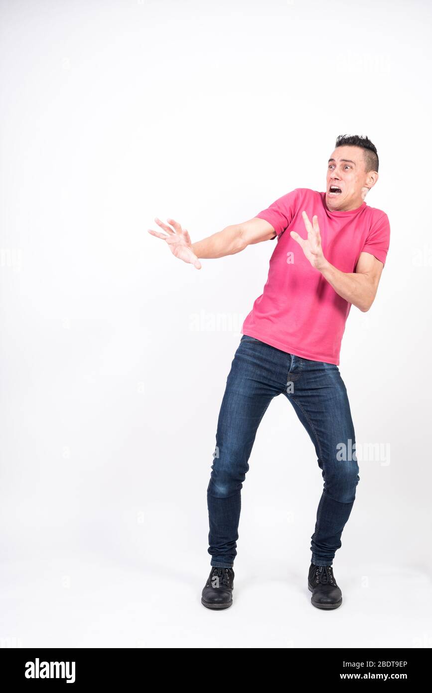 Scared man on white background, full body Stock Photo - Alamy