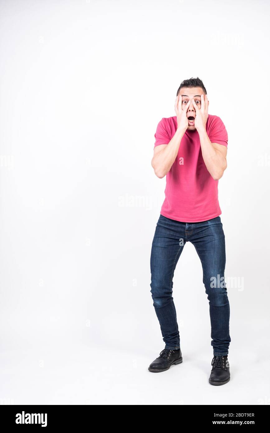Scared man on white background, full body Stock Photo - Alamy