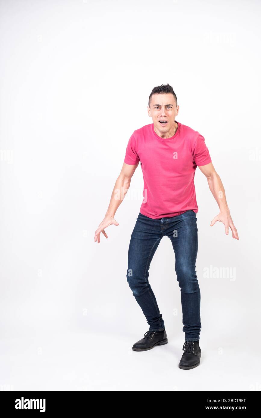 Scared man on white background, full body Stock Photo - Alamy