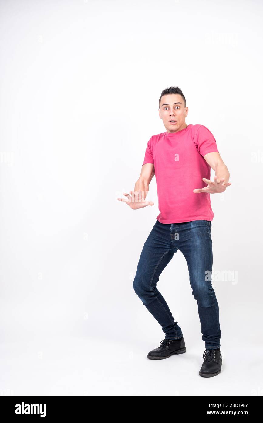Scared man on white background, full body Stock Photo - Alamy