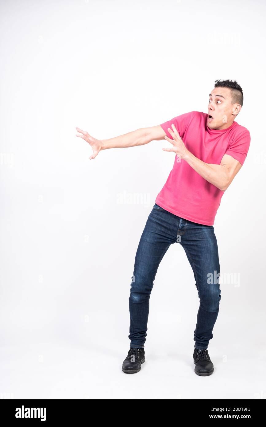 Scared man on white background, full body Stock Photo - Alamy