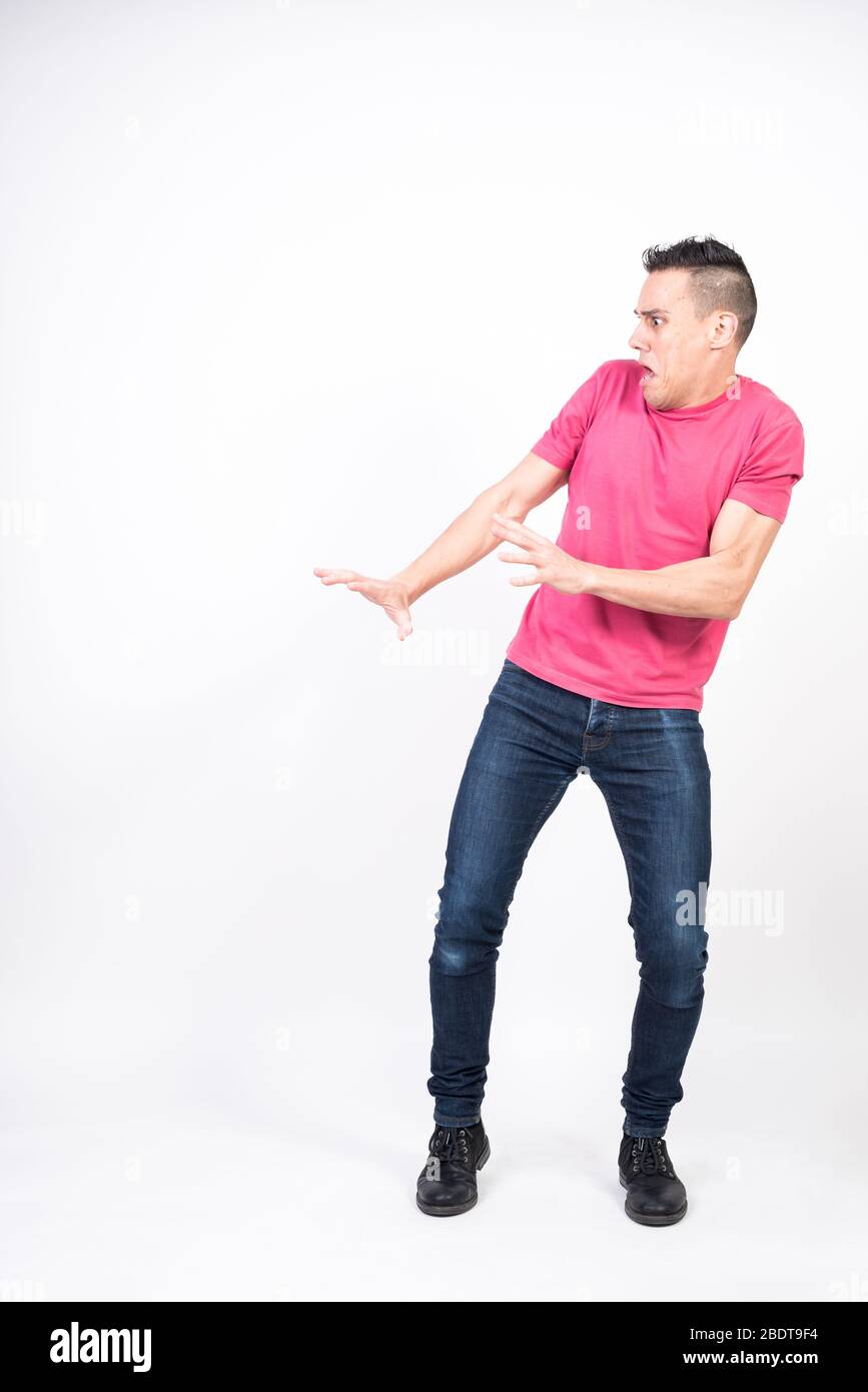 Scared man on white background, full body Stock Photo - Alamy
