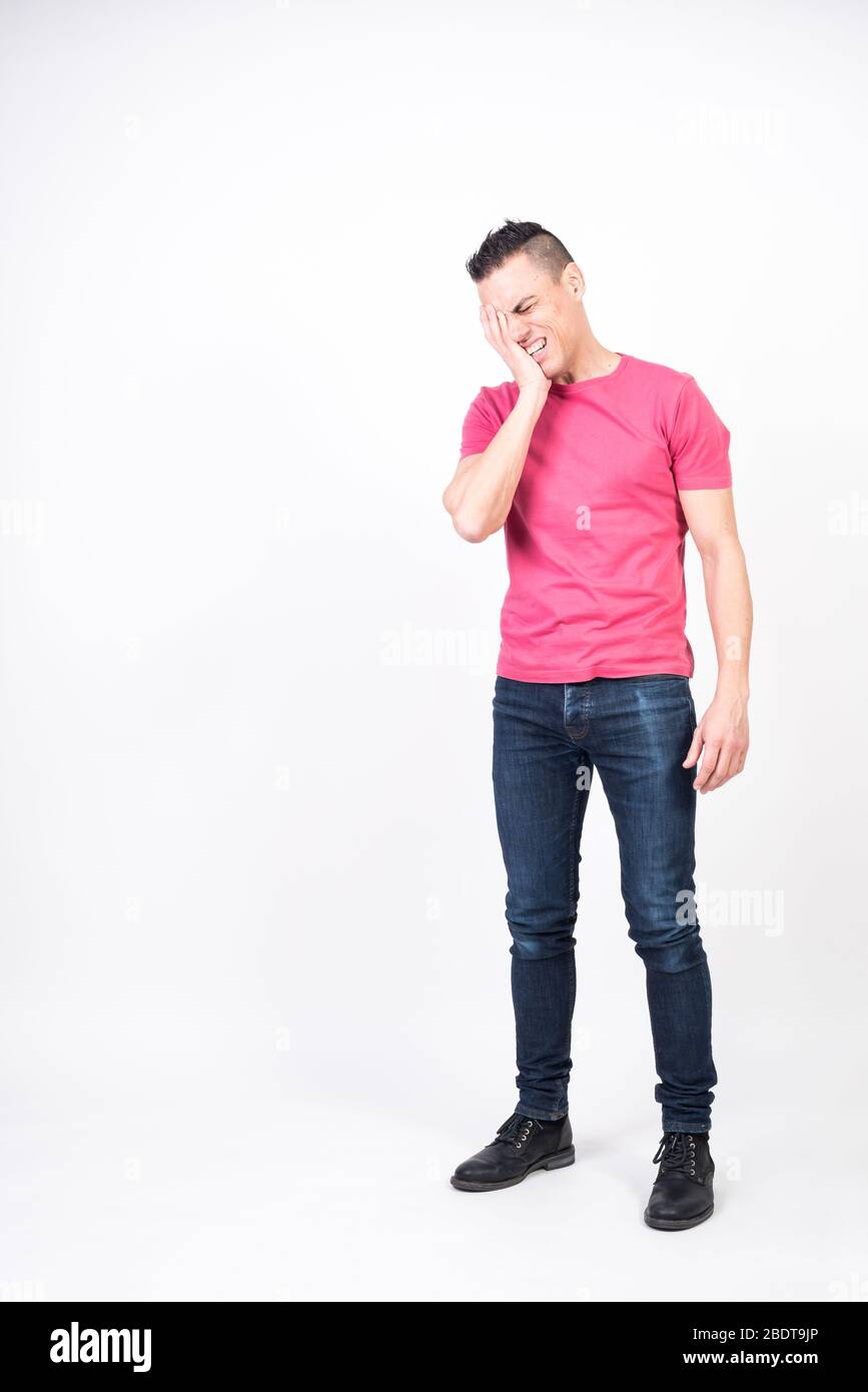 Sore man White background. Full body Stock Photo - Alamy