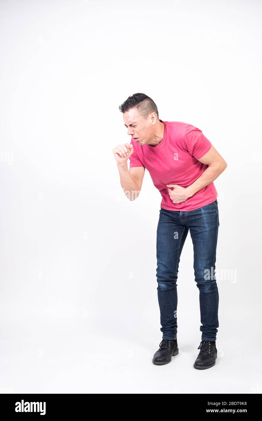 Sore man White background. Full body Stock Photo - Alamy