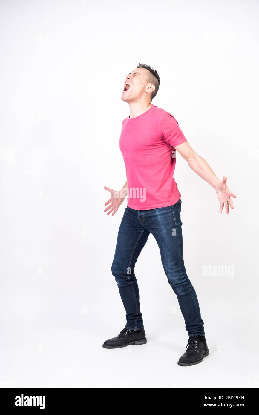 Screaming man. white background, full body Stock Photo - Alamy