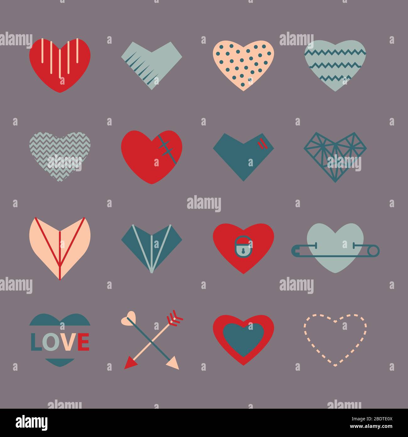 Heart icon set in retro colors in flat style isolated on a gray ...