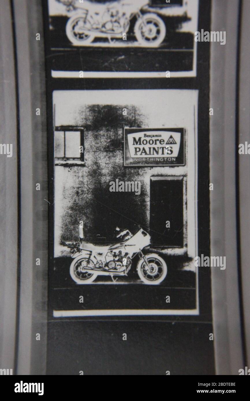 Fine 1970s extreme black and white photography of a motorcycle parked ...