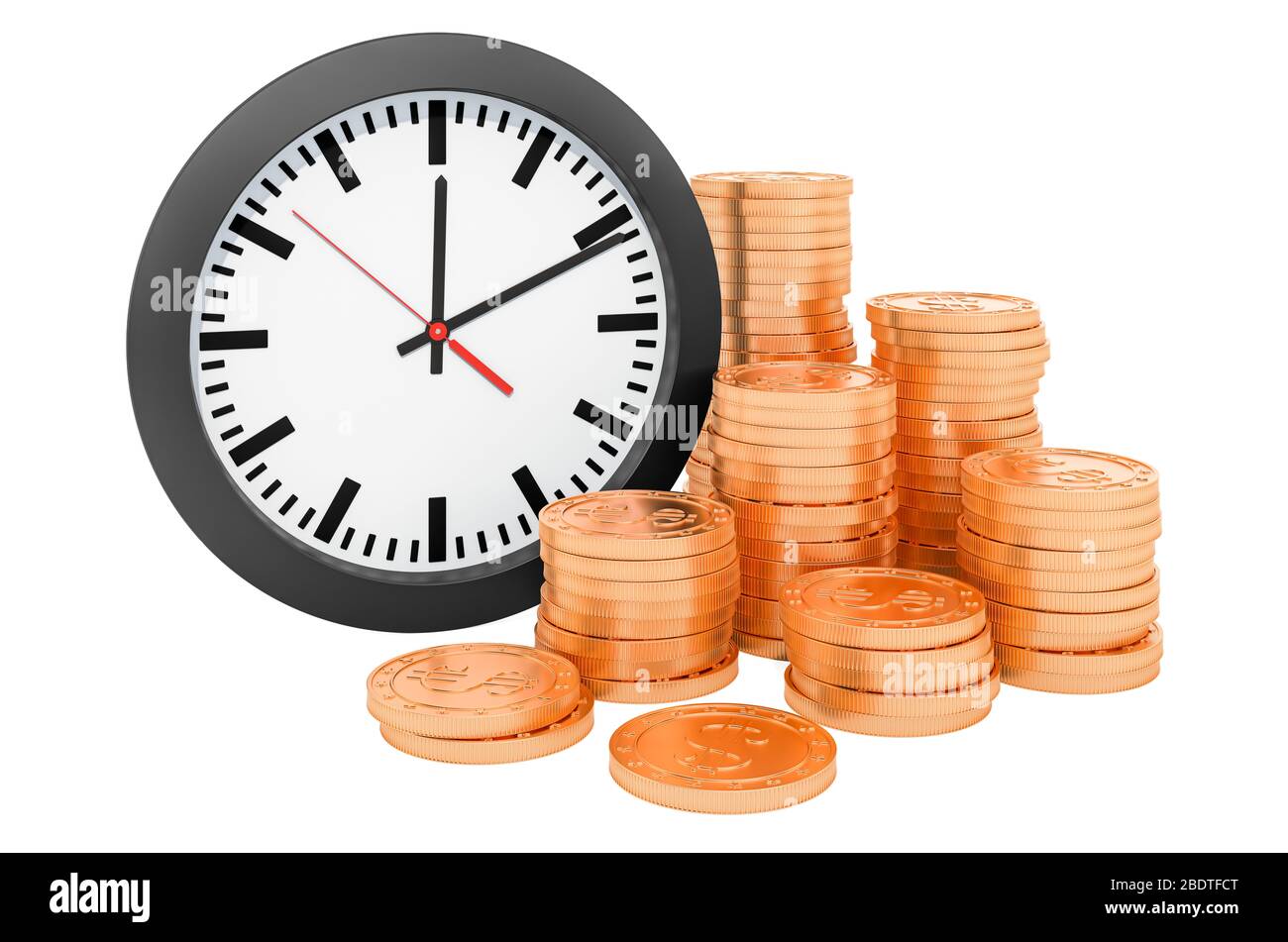 Clock with golden coins stack. Time is money concept, 3D rendering ...