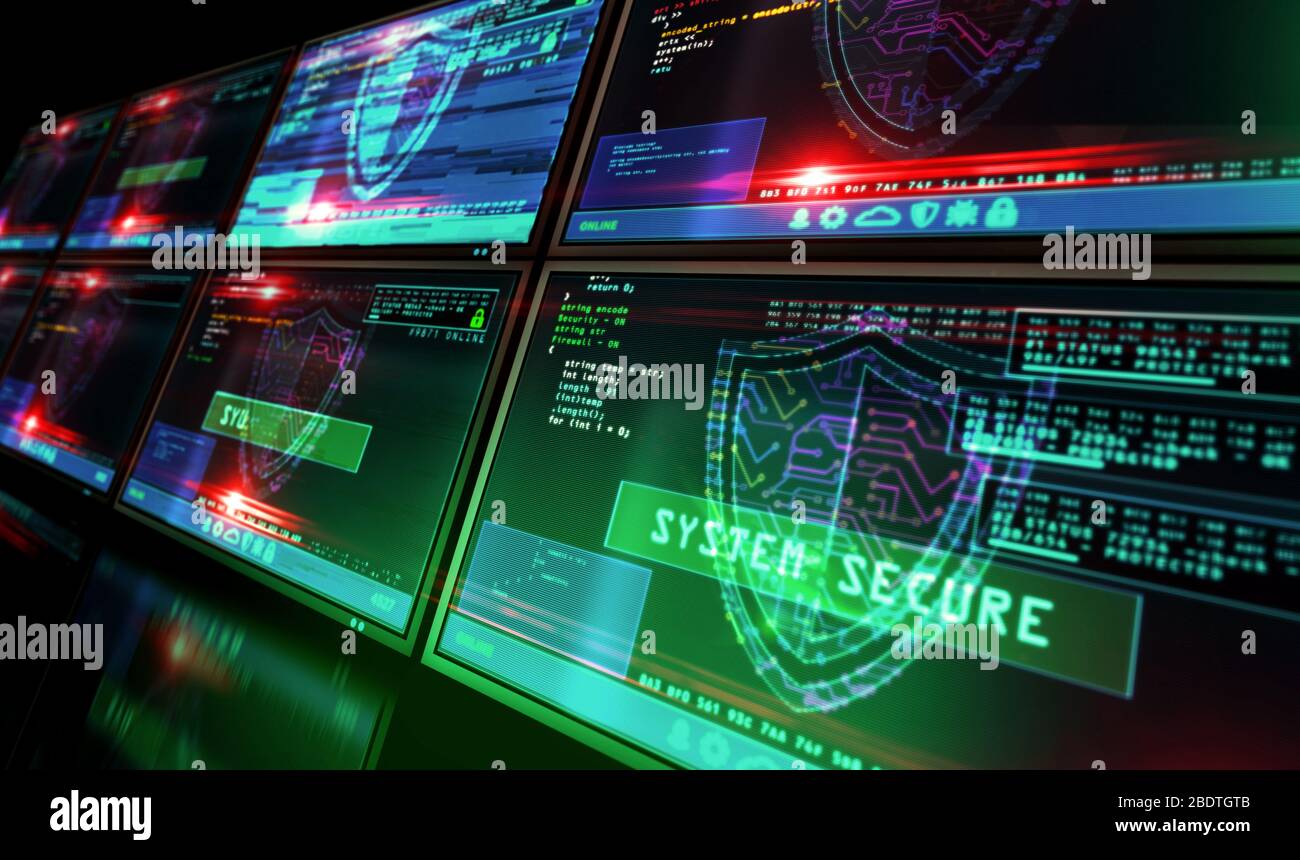 Cyber security message with shield symbol on futuristic computer screen ...