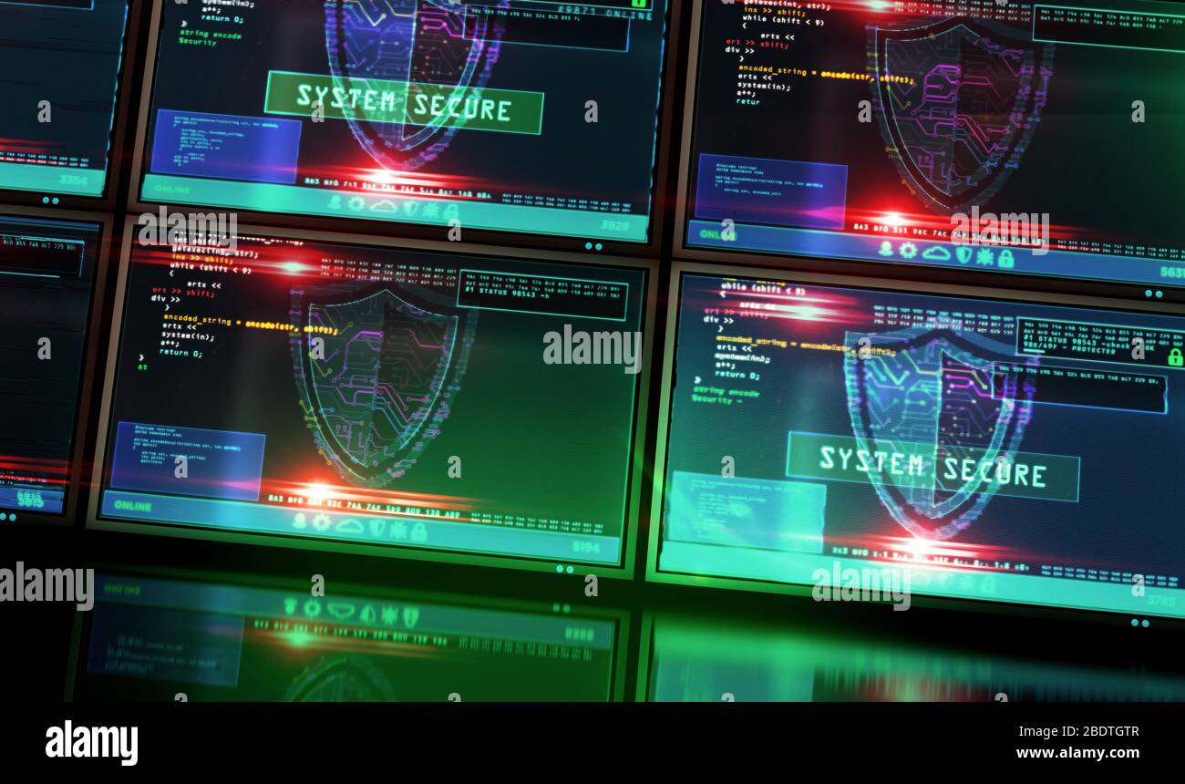 Cyber security message with shield symbol on futuristic computer screen ...