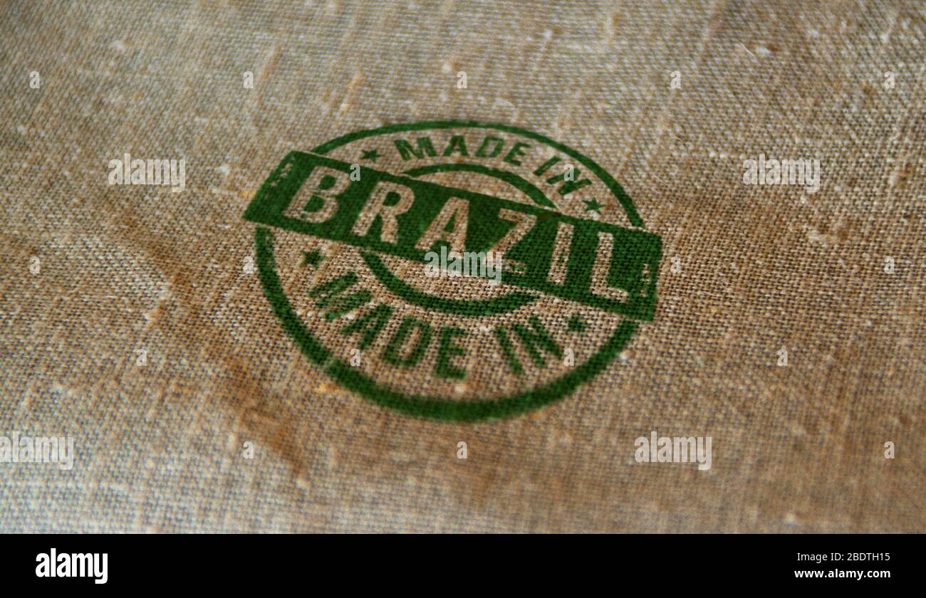 Made in Brazil stamp printed on linen sack. Factory, manufacturing and ...