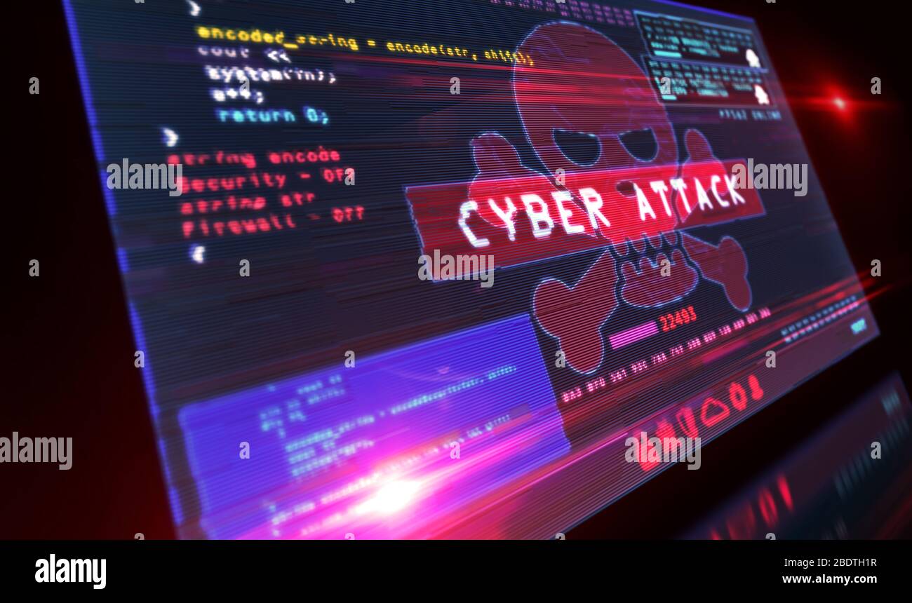 Cyber attack red alert with skull symbol on computer screen with glitch ...