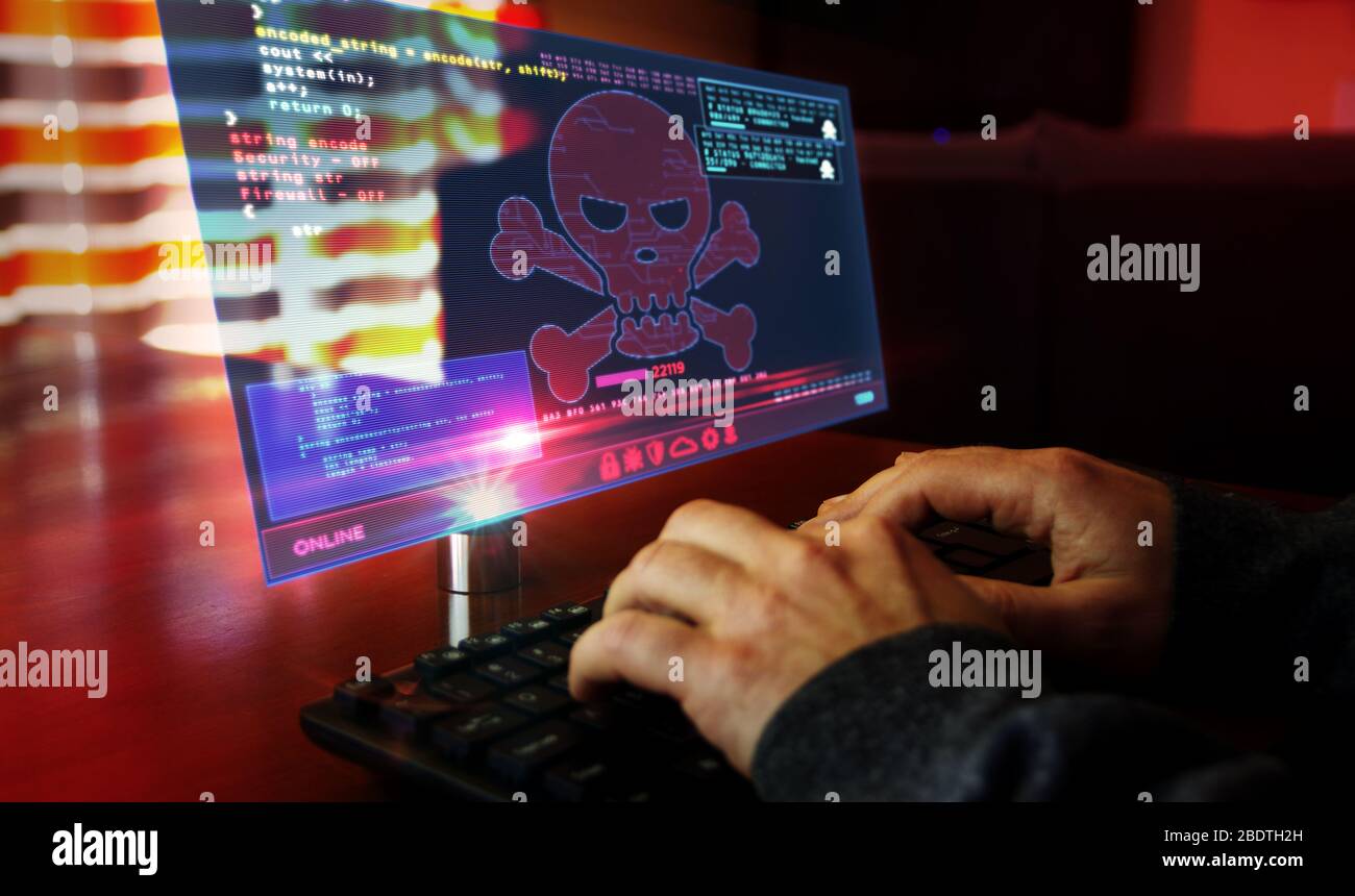 Hacker Typing On The Keyboard And Breaks Computer Security On Virtual Hologram Screen On Desk