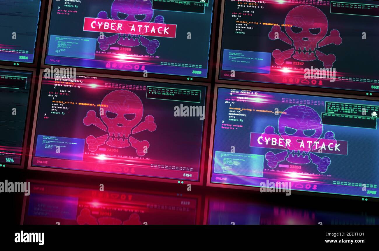Cyber attack red alert with skull symbol on computer screen with glitch effect. Hacking, breach ...