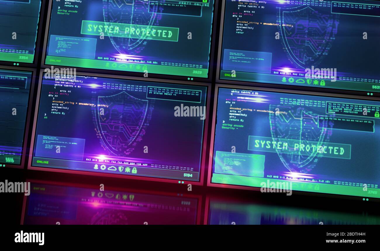 Cyber security message with shield symbol on futuristic computer screen ...