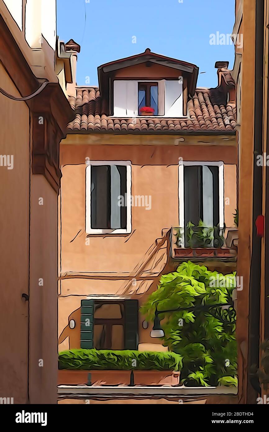 The streets of Venice. Beautiful multi-colored houses. The windows are ...