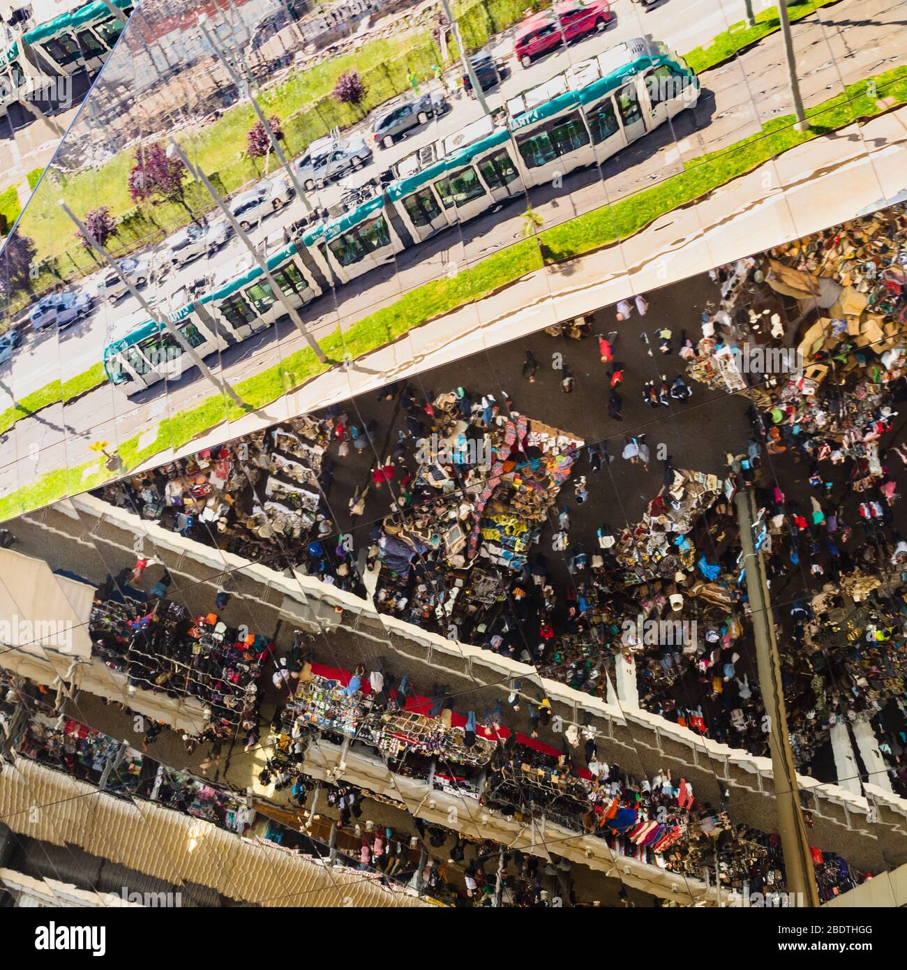 Reflection in mirrored roof of the Encants Vells Flea Market, Barcelona ...