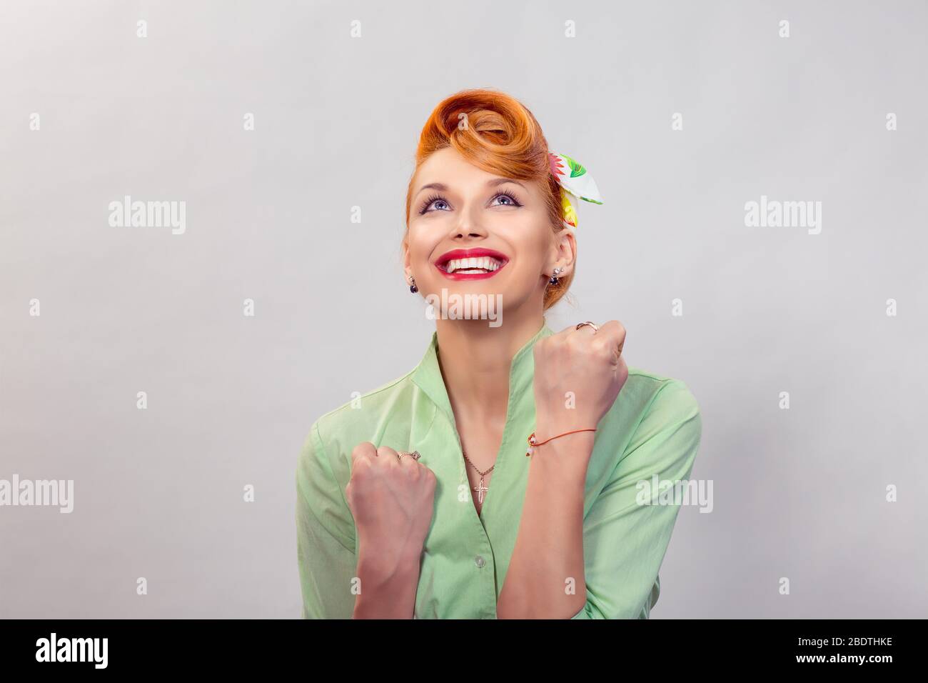 Lucky girl. Closeup portrait happy young woman happy exults pumping ...